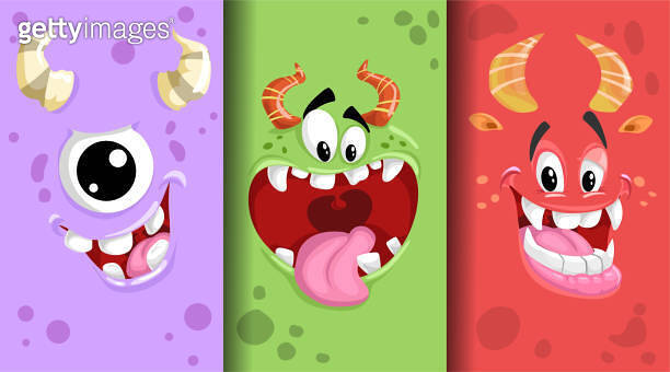 Cartoon Monster Emotions Faces Set Cute Horned Monster Faces With