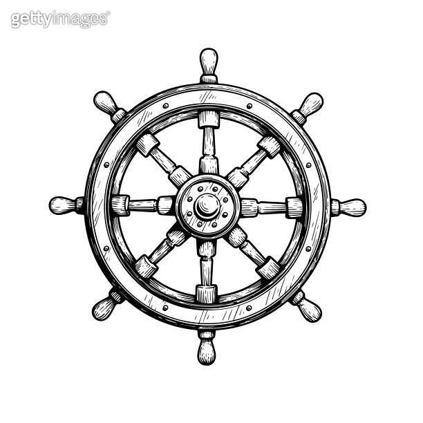 Wooden ship wheel. Hand drawn sketch style helm. Sailing, nautical ...