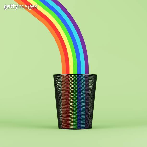 Rainbow color on Recycle bin trash on green background. 3D Render ...