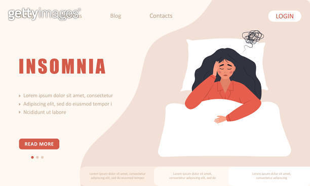 Insomnia landing page template. Tired woman suffer from headache ...