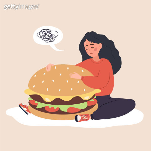 Eating disorder. Sad woman hugging huge hamburger and worries about ...