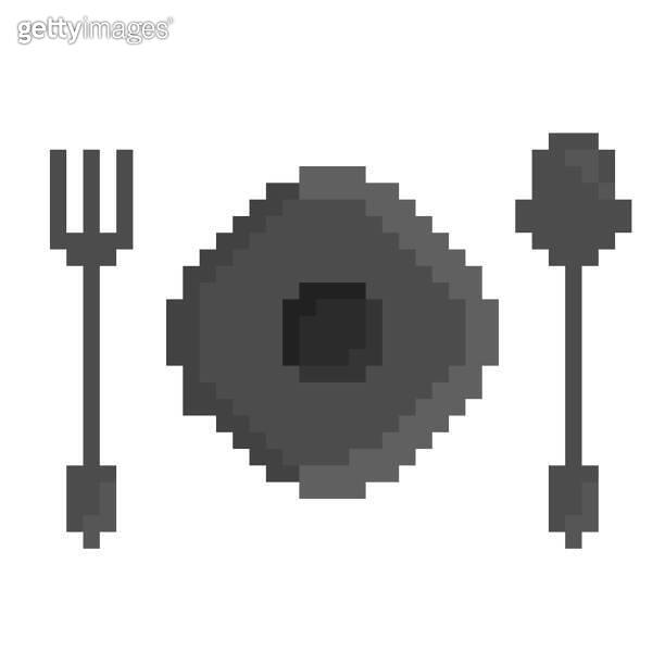 Plate with fork and spoon Icon, Pixel 8 bit style (1814574910) - 게티이미지뱅크