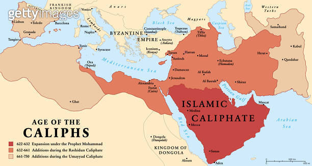The age of the Caliphs, history map of the Islamic Caliphate 622 to 750 ...