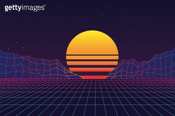 Retro synth game abstract background, futuristic night wave. 80s sun ...