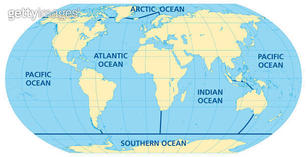 World map of the five oceans, model of oceanic divisions with ...