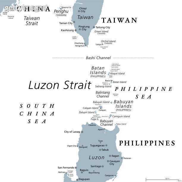 Luzon Strait, strait between Luzon and Taiwan, gray political map ...