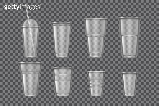 Realistic plastic glass. Transparent juice mug. Water cup with lid and ...