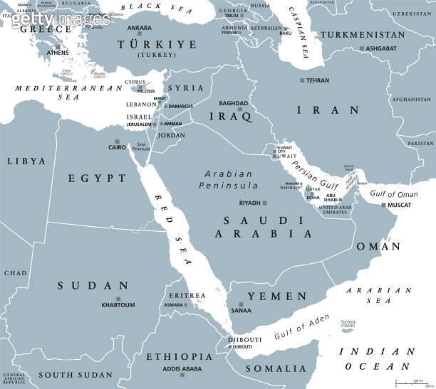 The Middle East, gray political map with capitals and international ...
