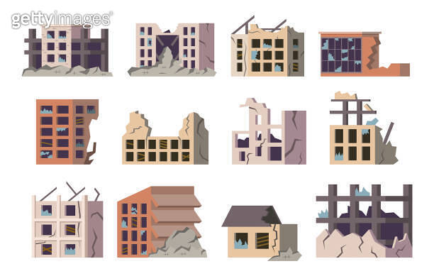 Ruined building. Cartoon collapsed houses. Broken or abandoned ...