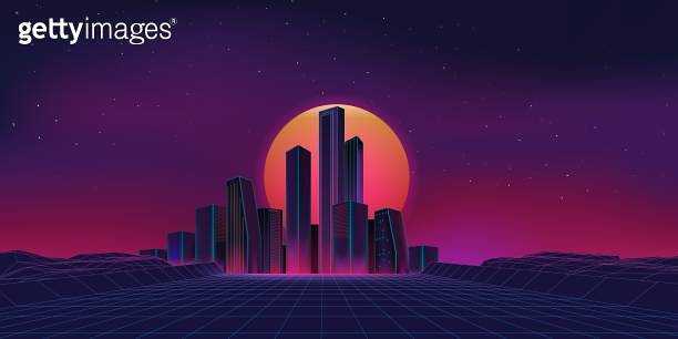 Retro game city, sci fi background. Futuristic 80s neon landscape ...