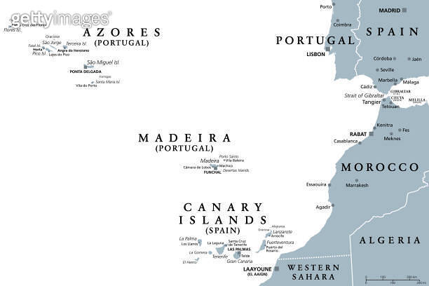 Azores, Madeira, and Canary Islands, autonomous regions, gray political ...
