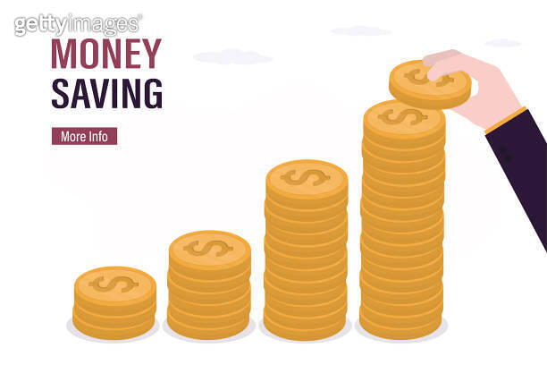 Hand put gold coin on the money ladder. stack of golden coins as income ...