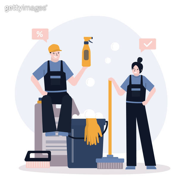 Cheerful cleaning team with mop, bucket, cleaning tools and detergent ...