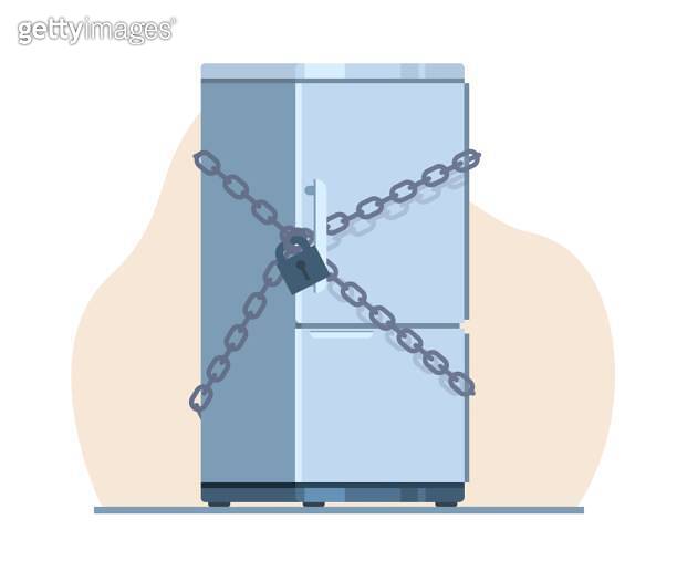 Locked and chained refrigerator. Eating disorder. Closed fridge ...