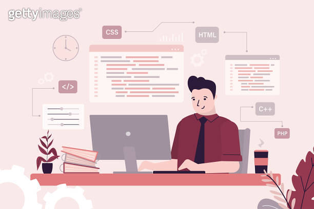 Programmer Or Coder Sitting At Desk Website Designer Developer Social Media Wireframe Concept