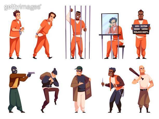Cartoon criminal characters on outside and in prison. Robber, fraudster ...