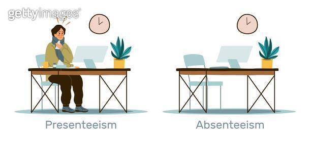 Absenteeism and presenteeism in workplace. Sick and tired man with low ...