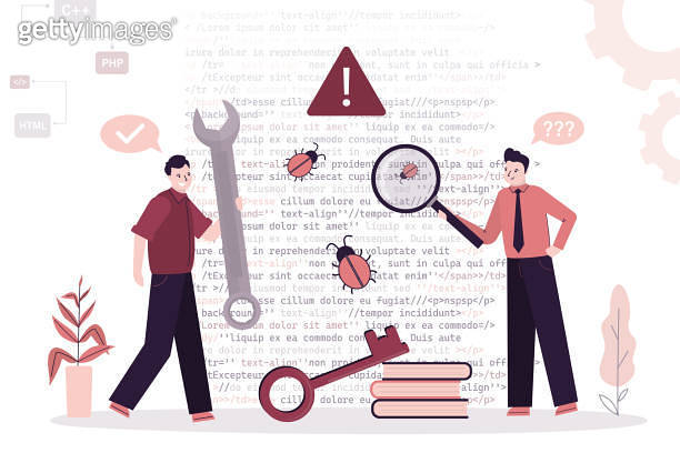 Programmer Tester Teamwork Of Male Characters Software Developers Finding Program Bugs And 