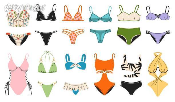 Lingerie and swimsuits. Bright woman bikini, fashionable beach models ...
