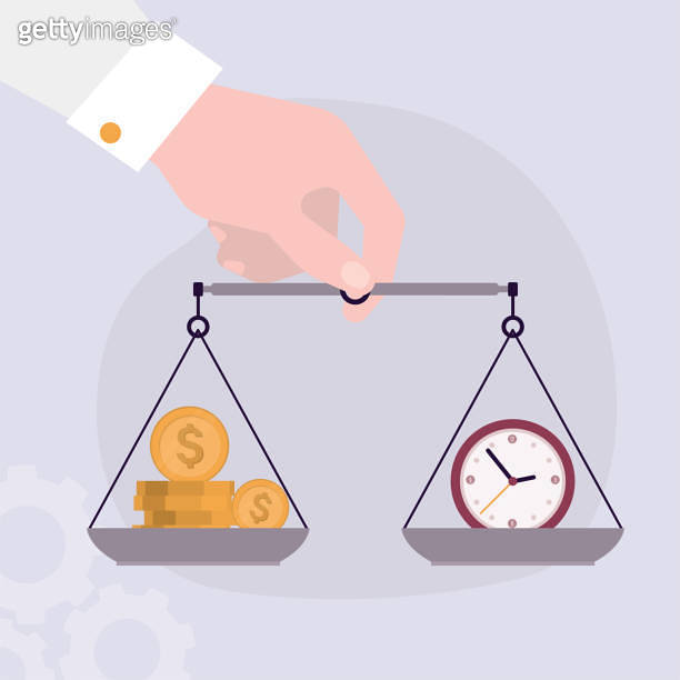 Value money comparison and time. Money and time balance on measure ...