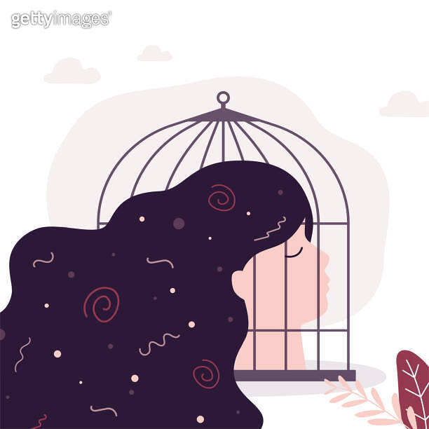 Sad woman in cage due inner fears. Phobias, anxiety, panic attack ...