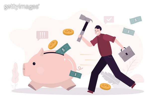 Poor bankrupt businessman, office worker character running chase piggy ...