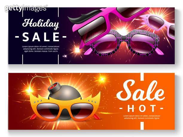Sunglasses sale banners. Realistic glasses in funny frames, hot fashion ...