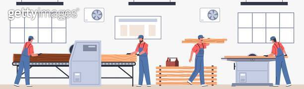 Woodworkers in workshop. Lumberworking machines, carpentry industry ...