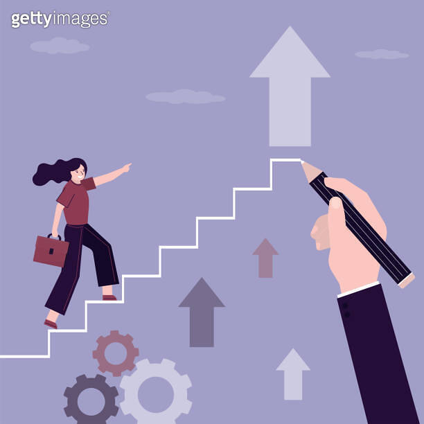 Teacher hand or mentor uses a pencil and draws ladder. Ambitious woman ...