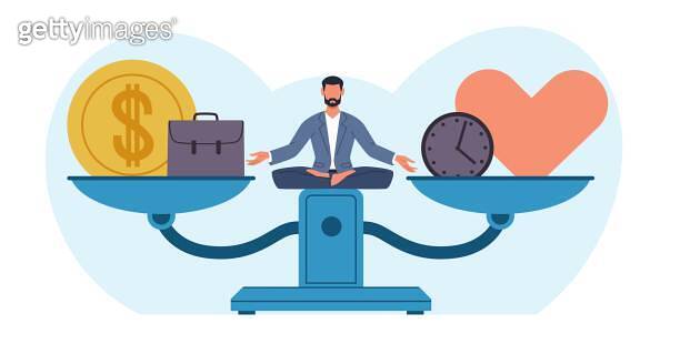 Man sits on huge scale, balancing finances and love. Choosing between ...