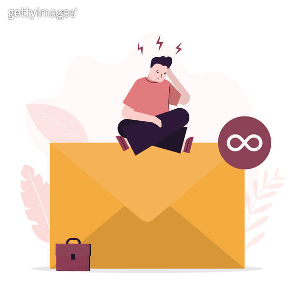 Burnout sad businessman sitting on envelope with infinity unread emails ...