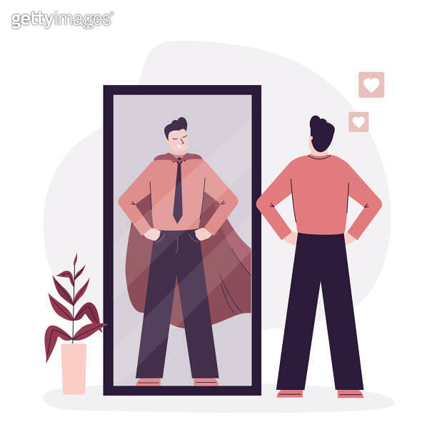 Businessman facing himself as superhero in mirror. Self confidence ...