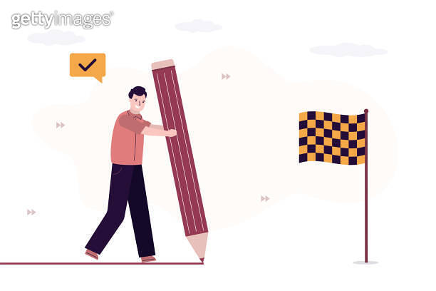 Confident businessman uses huge pencil draws workflow line to ...