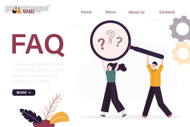 FAQ, find answers, landing page template. Business people carry giant ...