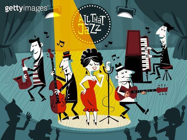 Cartoon jazz concert. Music festival, public stage performance ...