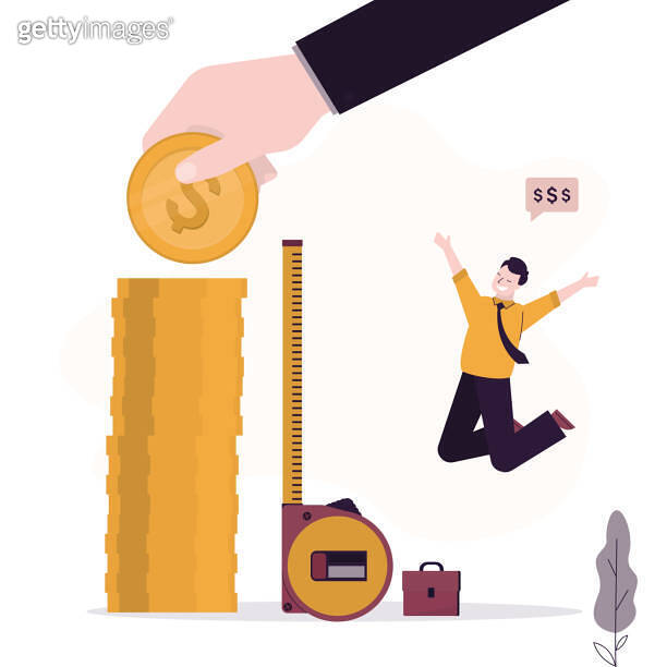 Businessman investor using measuring tape to measure money coins stack ...