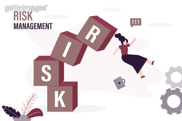 Bad risk management, concept. Businesswoman falling from unbalanced ...