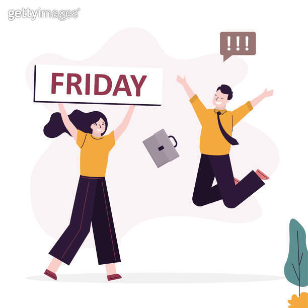 happy business people with Friday sign. Work week ending. Happy friday ...