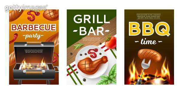 Bbq grill cards. Roast outdoor cooking posters, fried meat with ketchup ...