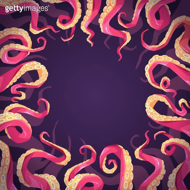 Octopus tentacles frame. Cartoon squids limbs with suckers, cephalopods ...