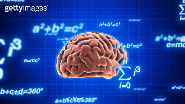 Animation of rotating brain and math formulas on blue background ...