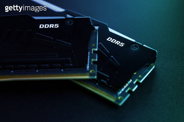 DDR5. Two modern high-performance memory modules DDR5 RGB RAM on a ...