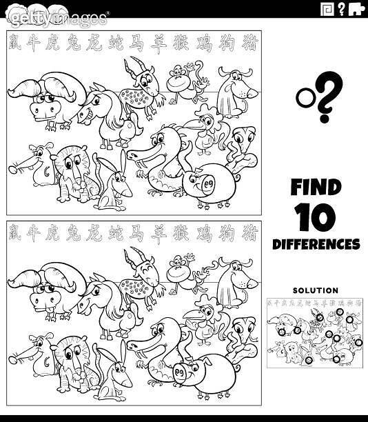 differences games with Chinese zodiac animal characters coloring page ...