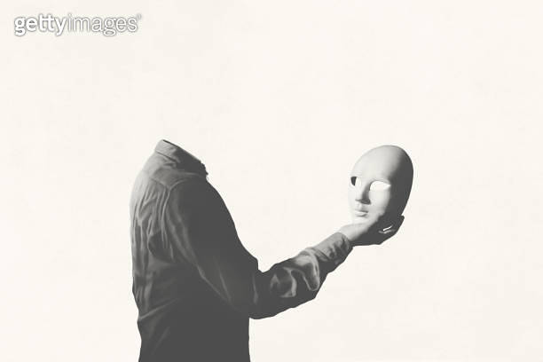 Illustration of man without face holding a mask, surreal abstract ...