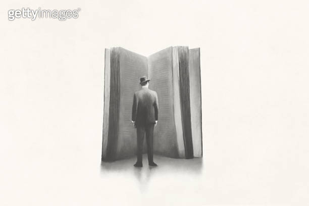 Illustration of man reading a big book, black and white surreal ...