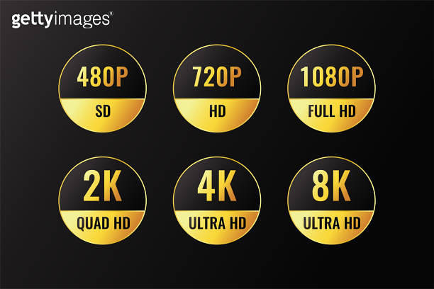 480p, 720p, 1080p, 2k, 4K, 8k Ultra HD logos with HDR mention, monitor ...