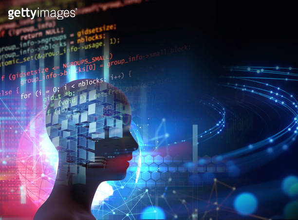 virtual Human with programming code on Metaverse background 3d ...