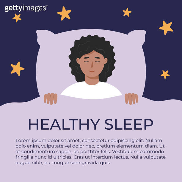 Healthy sleep banner template. Woman lies in her bed under the blanket ...