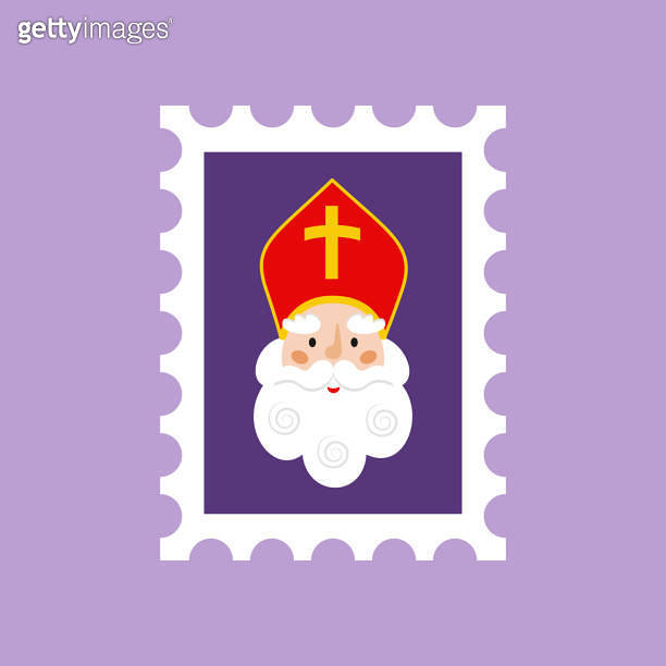 Postage stamp with Sinterklaas face. Dutch or Belgium winter holiday ...