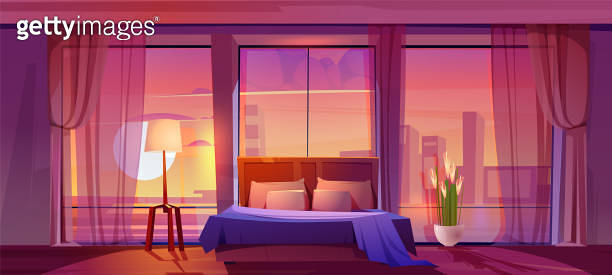 Bedroom interior room with sunset cityscape view 이미지 (1532973528) - 게티이미지뱅크